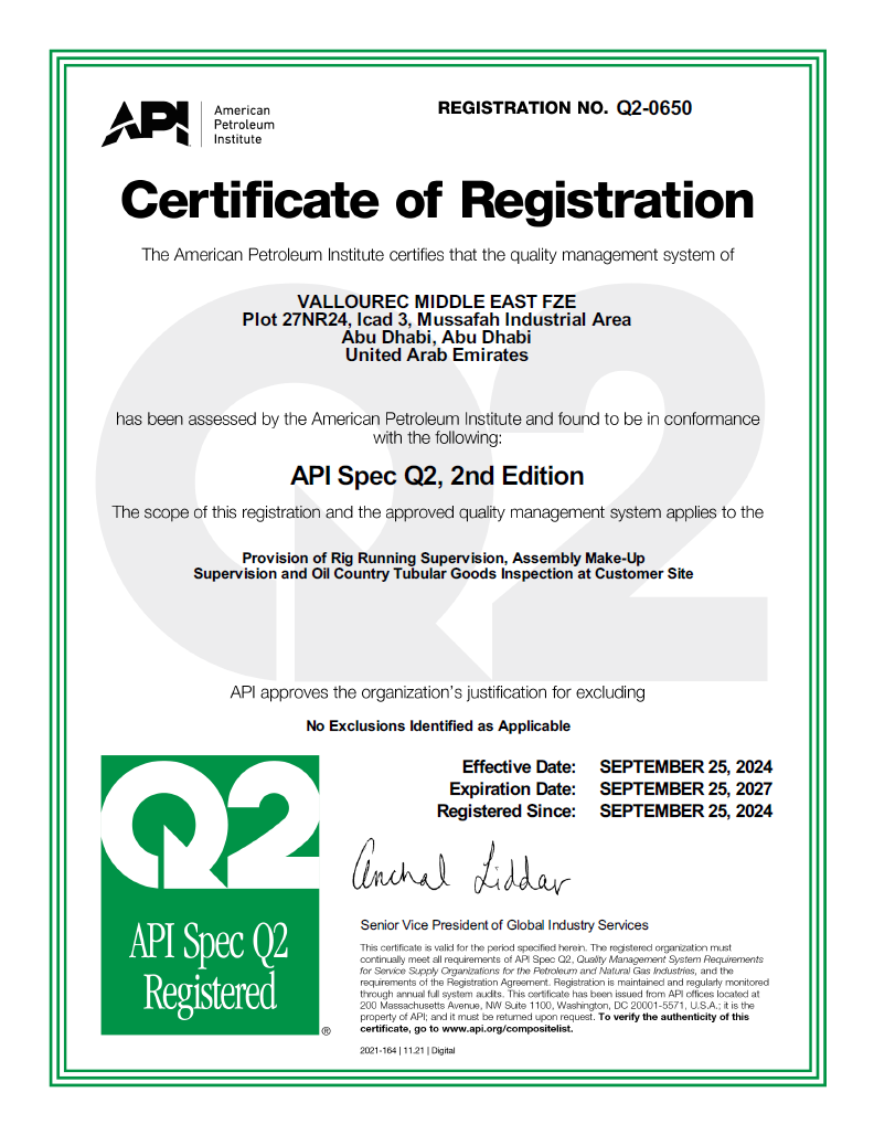 VAM® Field Service Middle East Achieves API Q2 Certification - China